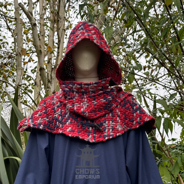 Red Tricolour Wool Wrap Around Hood | LARP Costumes